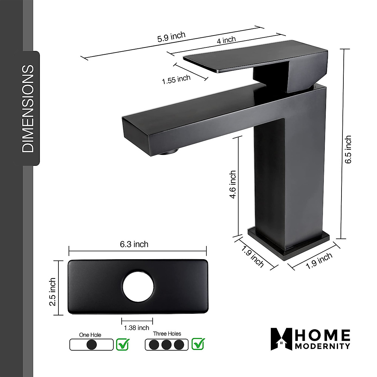 Matte Black Bathroom Faucet - Single Hole Bathroom Faucet Black - Smooth Faucet with 6 Inch Sink Deck Plate for 3 Hole Faucet - Modern Single Handle Bathroom Faucet.
