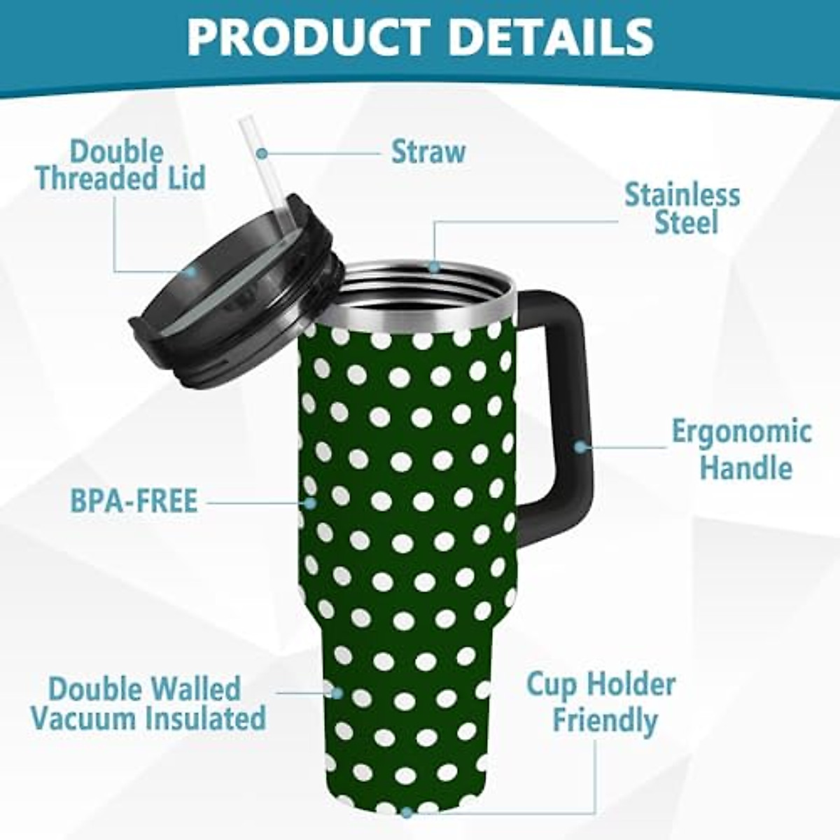 Flradish 40oz Tumbler with Handle, Polka Dots Hunter Green White Stainless Steel Tumbler with Lid and Straws Double Wall Vacuum Insulated Leakproof Coffee Travel Mug