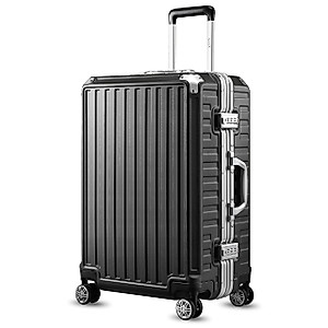 LUGGEX 24 Inch Luggage with Aluminum Frame, 61L Polycarbonate Zipperless Checked Medium Luggage, Black Hard Shell Suitcase 4 Metal Corner
