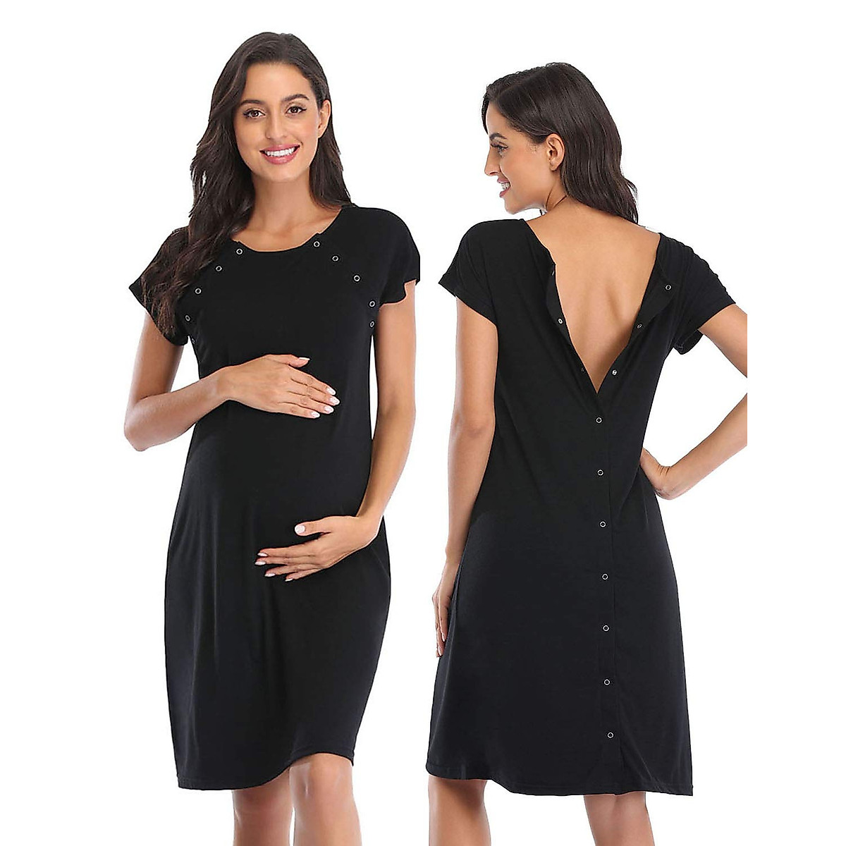 Soanhoo 3 in 1 Nursing Dress Maternity Nightgown Labor/Delivery Breastfeeding Birthing Gown with Button,Black,XL