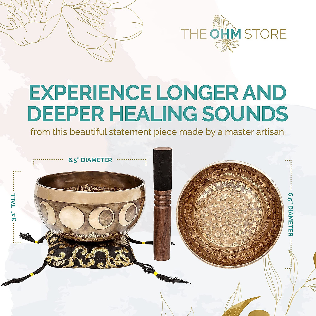 Ancient Design Large Tibetan Singing Bowl Set by Ohm Store — Relaxing Deep Tone Meditation Sound Bowl and Wooden Mallet Handcrafted in Nepal — Inner Space Bowl 6.5 Inch