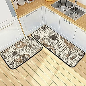 J JOYSAY Coffee Theme Symbol Retro Kitchen Rugs and Mat 2 Pieces Set Cushioned Anti Fatigue Kitchen Mat Non Slip Comfort Standing Mat Washable Farmhouse Decor for Kitchen Floor Home Office Laundry