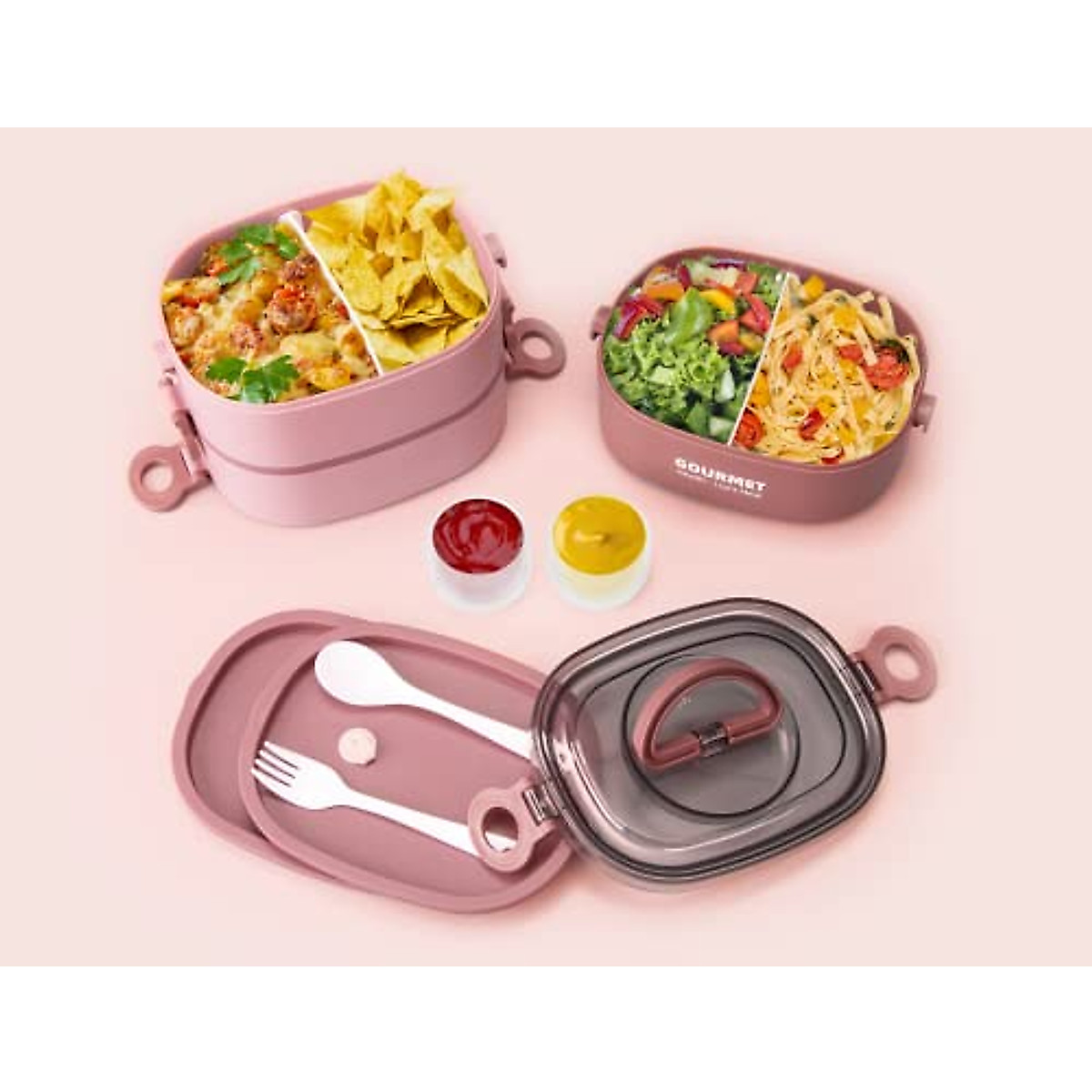 Bento Box Lunch Box, Adult Lunch Container with 3L Large Capacity, Microwave Safe 3 Layers Stackable Lunch Box, Food Container with Dividers and Sauce Boxes for Adults Pink