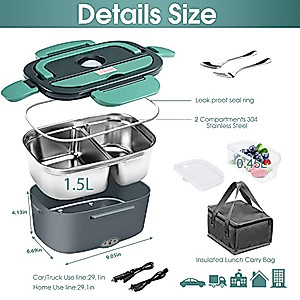 Electric Lunch Box 60W Food Heater, Upgraded 2 Compartments Portable Heated Lunch Box for Car Truck Adults Work Travel, Leak Proof, Self Heating Lunch Box with 1.5L 304 SS Container, 110V/220V/12V/24V