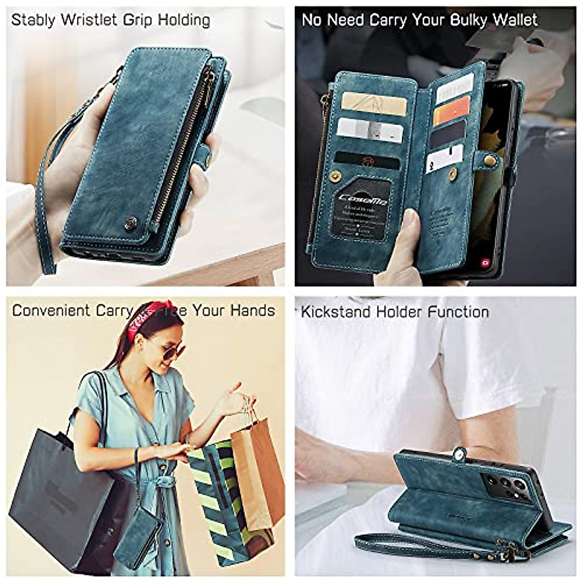 Defencase Samsung Galaxy S21 Ultra Case, Galaxy S21 Ultra Wallet Case for Women Men, Durable PU Leather Magnetic Flip Lanyard Strap Zipper Card Holder Phone Case for Samsung S21 Ultra - Blue Green