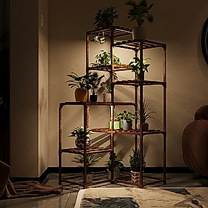 Solatmos Wood Plant Stand With Grow Lights Indoor Plants Outdoor Corner Plant Shelf Flower Stands for Living Room Balcony Garden (9 Pots)