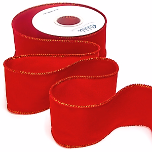 Ribbli Red Velvet Wired Ribbon,Velvet Ribbon with Gold Metallic Edge, 2-1/2 Inch x Continuous 10 Yard, Christmas Ribbon for Big Bow,Wreath,Tree Decoration