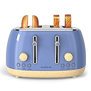 Anfilank Toaster 4 Slice,Retro Stainless Steel Toaster with Extra Wide Slots Cancel, Bagel, Defrost Function, Dual Independent Control Panel, Removable Crumb Tray, 6 Shade Settings and High Lift Lever, Blue, Large Size