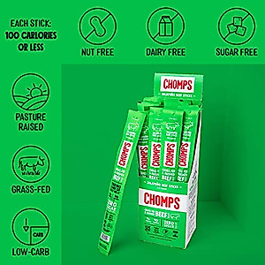 Chomps Grass Fed Jalapeno Beef Jerky Snack Sticks, Keto & Paleo, Whole30 Approved, Non-GMO, Gluten Free, Sugar Free, Nitrate Free, Low Carb, 90 Calorie Snacks, 1.15 Oz Meat Stick, Pack of 24