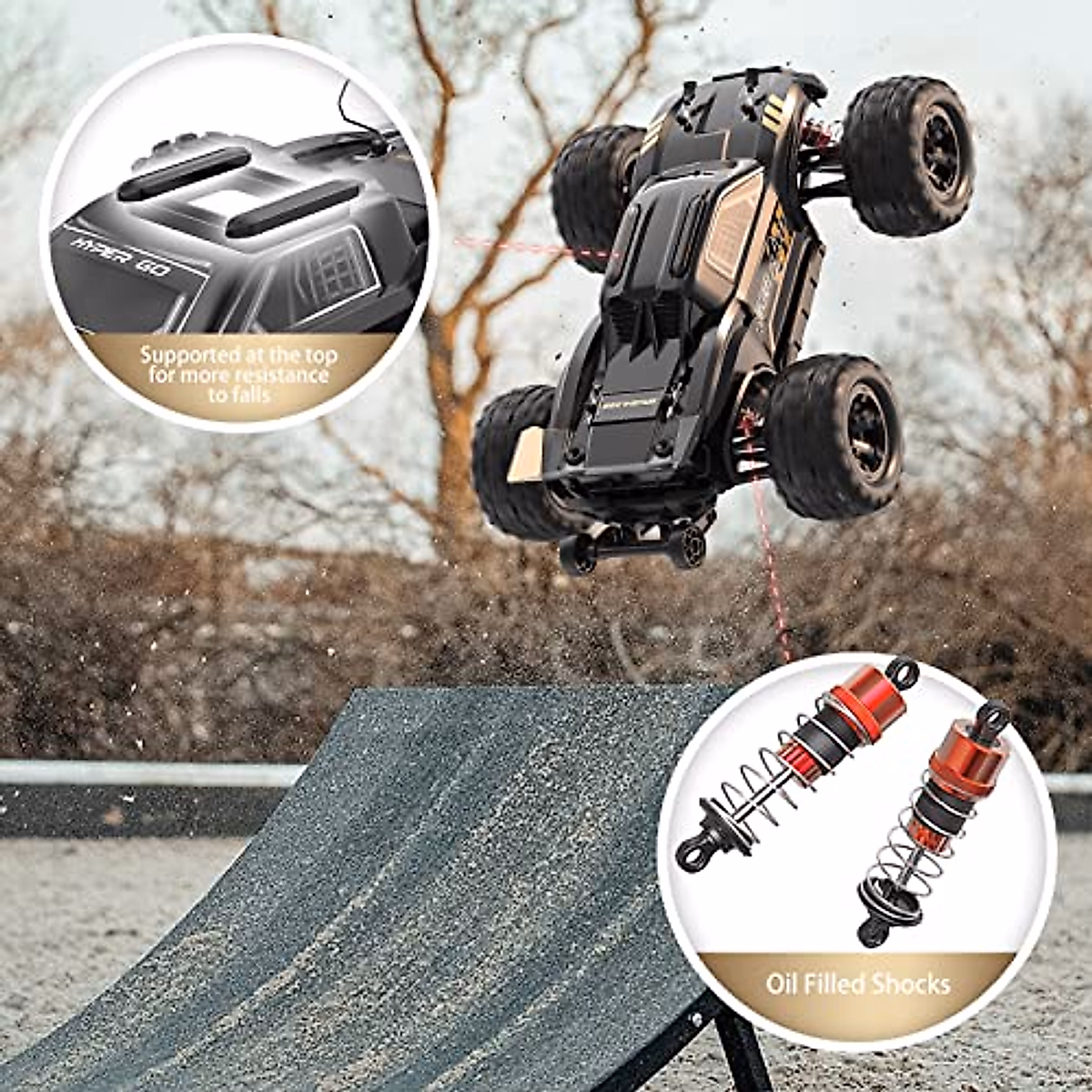 HYPER GO H16BM 1:16 RTR Brushless Fast RC Cars for Adults, Max 42mph Hobby Electric Off-Road Jumping RC Trucks, RC Monster Trucks Oil Filled Shocks Remote Control Car with 2 Batteries for Boys