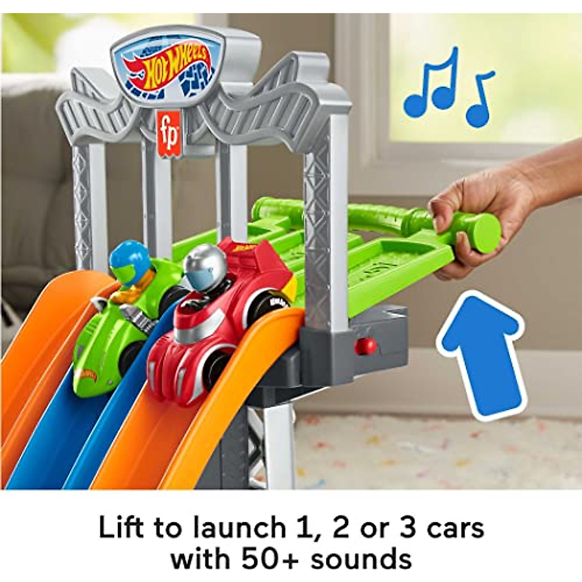 Fisher-Price Little People Toddler Playset Hot Wheels Racing Loops Tower Race Track with Stunt Ramp & Sounds for Ages 18+ Months