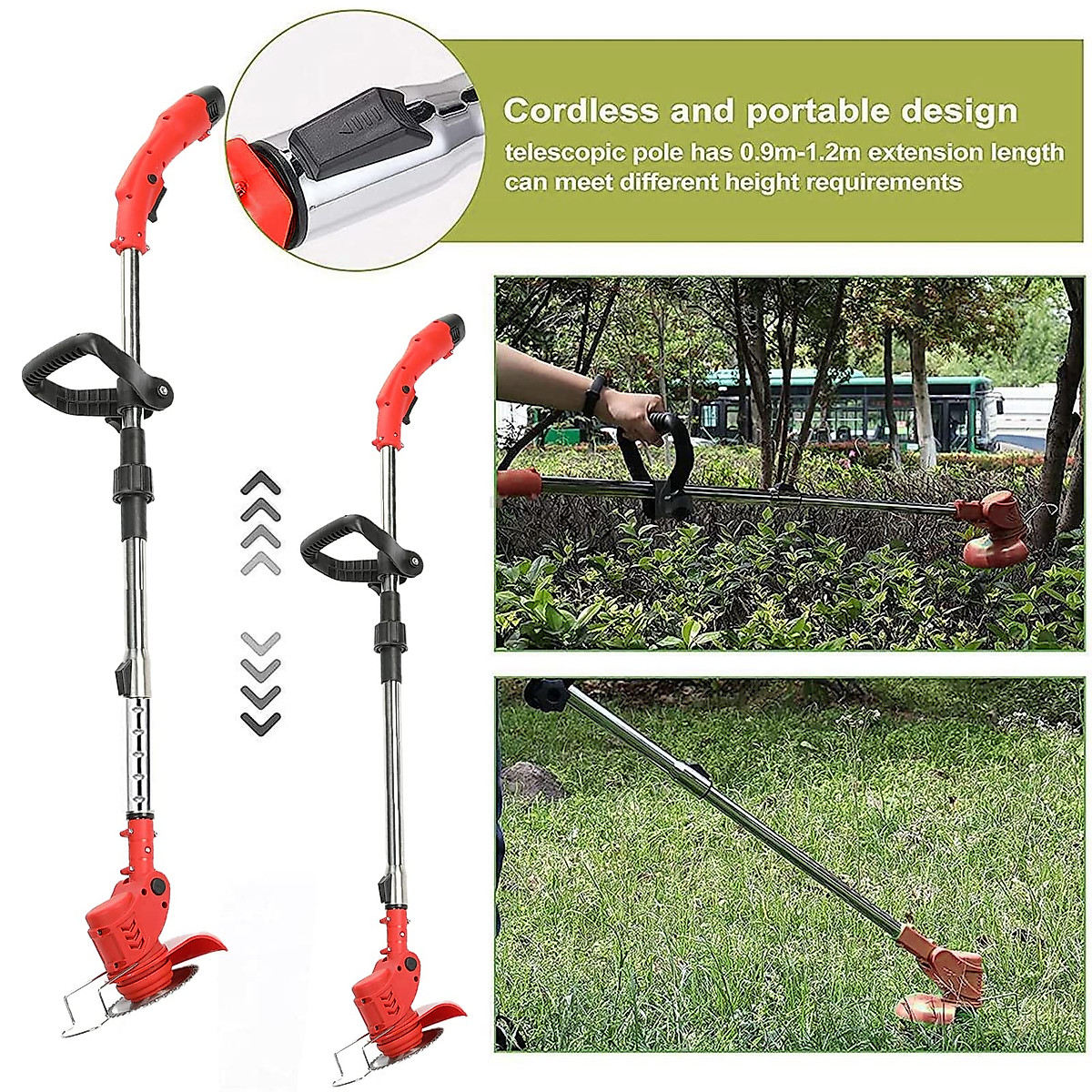 Electric Grass Trimmer, Powerful Motor Full Functional String Trimmer Cordless Weed Eater Telescopic Rod Multi-Purpose Lawn Mower 12V 2000mAh Battery 450W Brush Cutter for Garden (Red)
