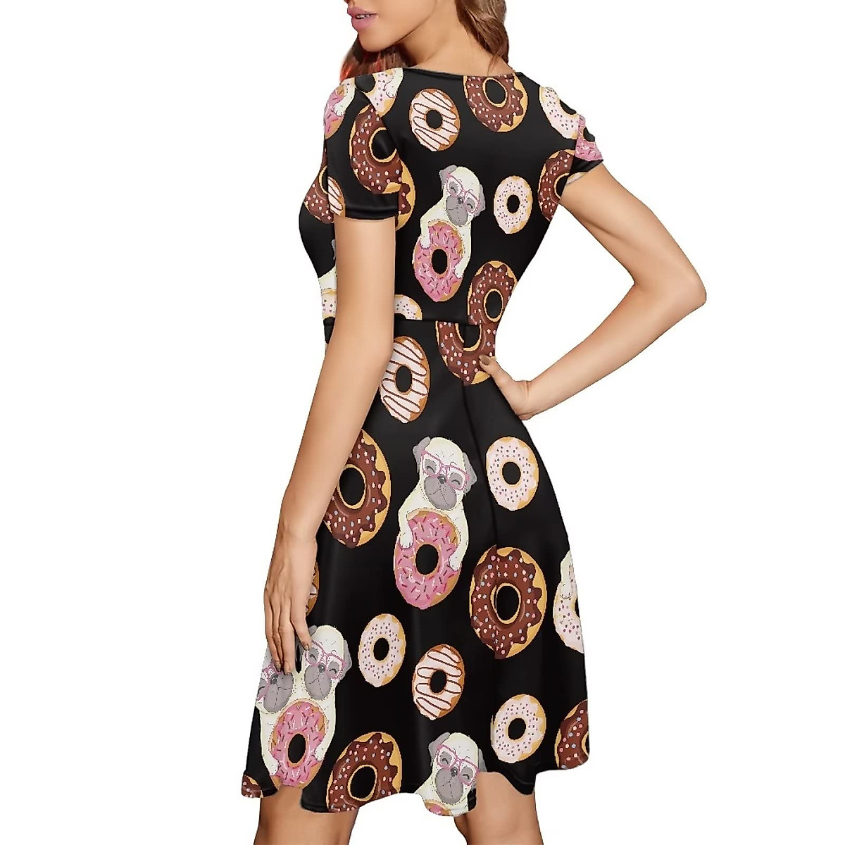 POLERO Funny Donuts Pugs Dogs Print Women Fashion Confort Midi Dress Round Neck Short Sleeve Summer Dresses Animals Puppy Pets Eat Foods Size S