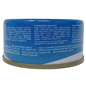 Fussie Cat Food Tuna Formula - in Goat Milk Gravy - 3 Flavor 6 Can Sampler Variety - (2) Each: Anchovies, Chicken, Salmon (2.47 Ounces) - Plus Catnip Toy and Fun Facts Booklet Bundle