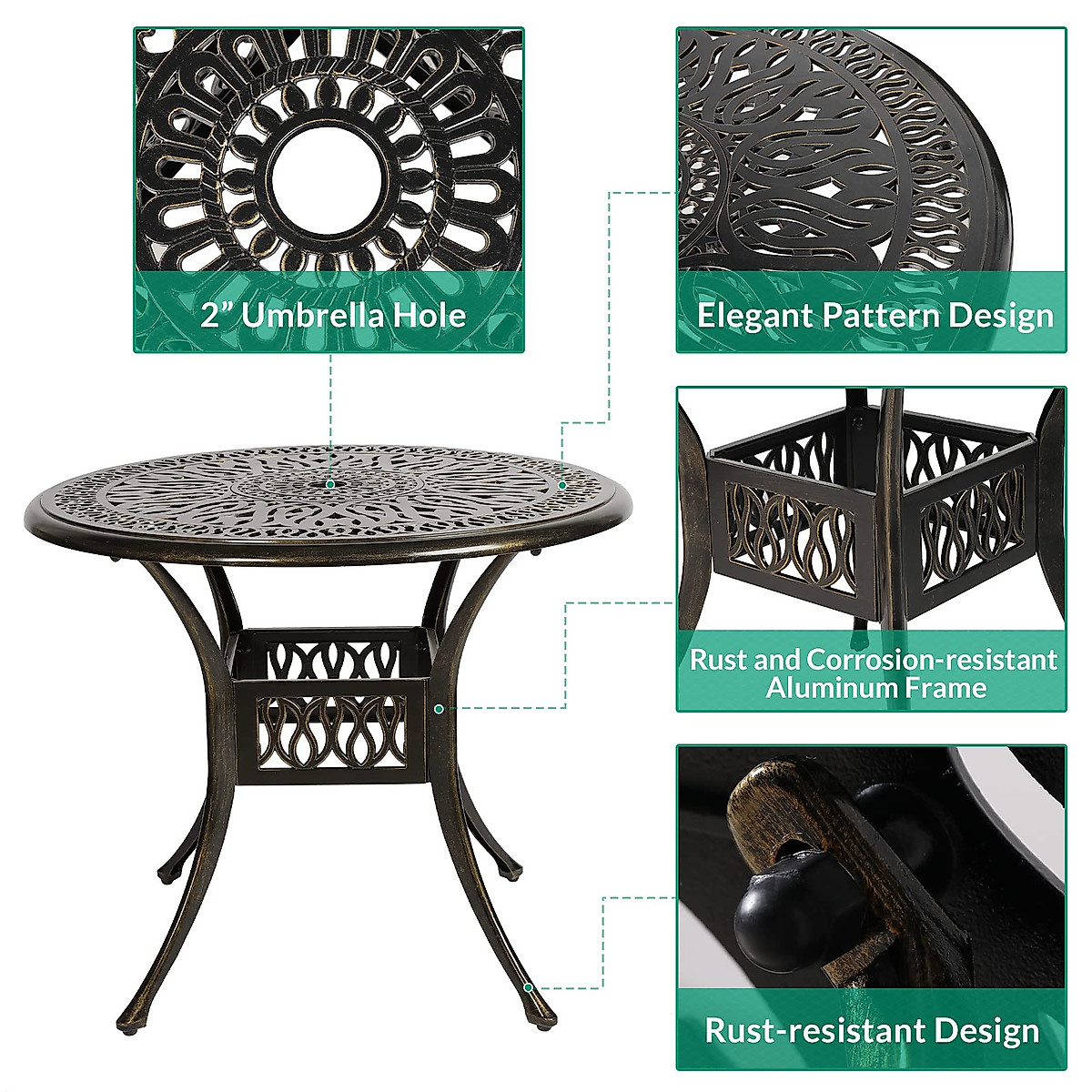 VIVIJASON 3-Piece Patio Bistro Sets, All-Weather Cast Aluminum Bistro Table Set Outdoor Patio Furniture, Include 2 Cushioned Chairs and 35.4" Round Table, 2" Umbrella Hole, Navy Blue Cushion