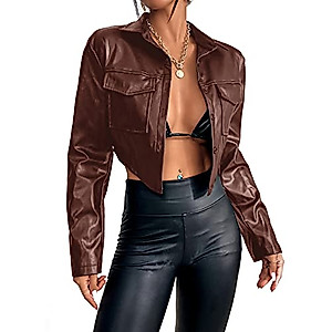 SweatyRocks Women's PU Leather Cropped Coat Casual Button Front Jacket with Bust Pocket Solid Brown M