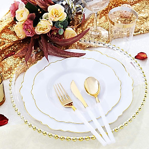 WDF 60pcs White and Gold Plastic Plates - Baroque White With Gold of 30 Heavy Duty Gold dinner plates 10.25inch, 30 Salad Plates 7.5inch