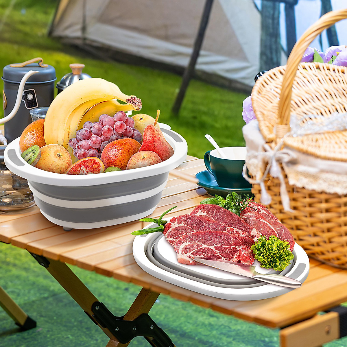 Collapsible Multi-Purpose Plastic Dish Basin 8L(2 Gallon), Space Saving Dish Tub, Folding Chopping Board, 3 in 1 Multifunction Camping Sink for Dish Washing, BBQ Prep, Camping (Gray-1)