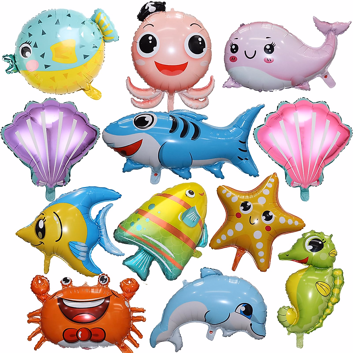 12 pieces Large Cute Sea Animal Balloons Octopus Shark Fish Dolphin Hippocampus Crab Scallops Foil Balloons for Boys Girls Sea Underwater Animals Theme Party Decoration