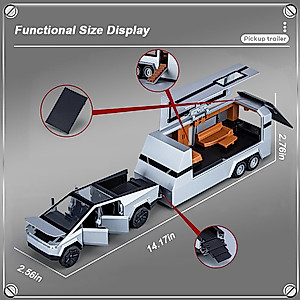 1/32 Diecast Pickup Trailer RV Model Toy Truck with Beach Motorcycle, Alloy Metal Pickup Truck Model Diecast Vehicles with Sound Light Pull Back, Birthday Gifts for Boys Adults (Silver)