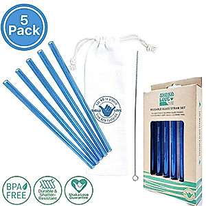 SHAKA LOVE Reusable Glass Drinking Straw Set- Stylish, Durable, Shatter-Resistant - Set of 5 Colorful Blue Glass Drinking Straws with Cleaning Tool & Travel Carry Bag (Ocean Blue, 9)