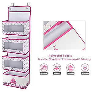Boczif Over Door Hanging Organizer, Wall Mount Storage with 4 Large Pocket and Mesh Clear Window, Closet Door Organizer for Children's Rooms,Nursery, Bedroom, Kids Toys, Shoes, Diapers(1-Pink)