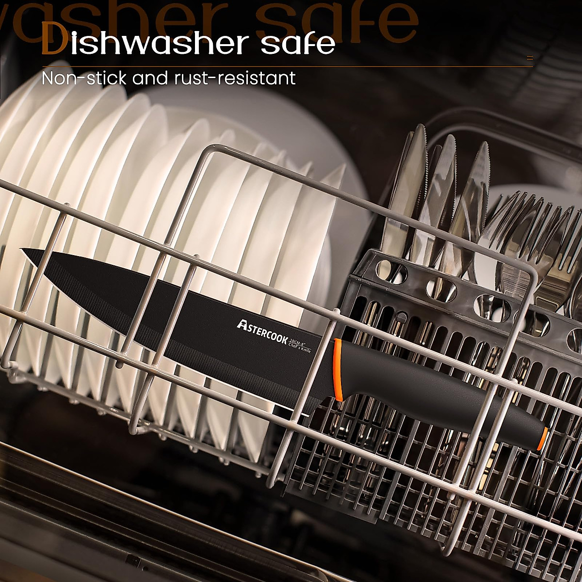 Knife Set, Astercook 15 Pcs Dishwasher Safe Kitchen Knife Set with Built-in Sharpener, High Carbon German Stainless Steel Black Knife Block Set