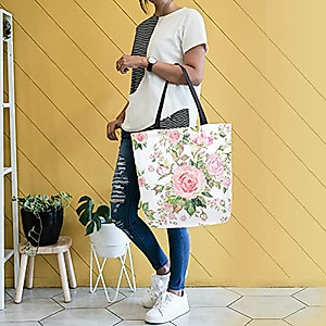 ALAZA Pink Rose Flower Large Canvas Tote Bag Floral Shopping Shoulder Handbag with Small Zippered Pocket