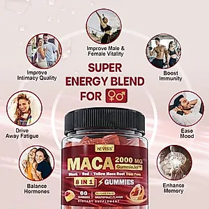 Sugar Free Maca Root Filled Gummies 2000mg for Women & Men with Ashwagandha, Tribulus Terrestris, Rhodiola, Panax Ginseng, L Arginine & L Tyrosine for Natural Energy, Mood & Immune Support - Vegan