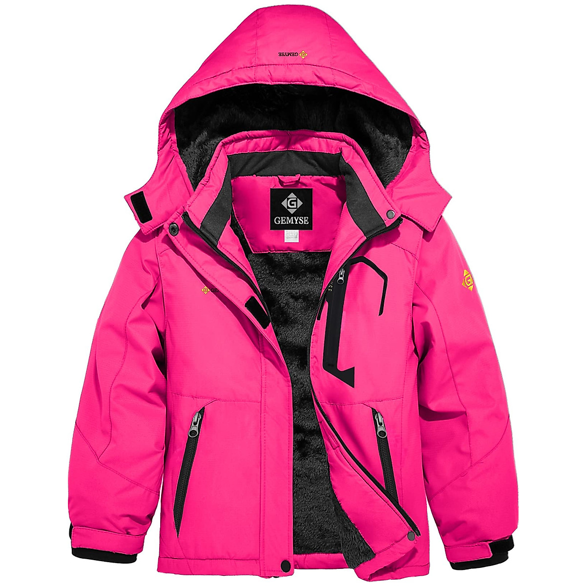 GEMYSE Girl's Waterproof Ski Snow Jacket Fleece Windproof Winter Jacket with Hood (Watermelon Red,6/7)
