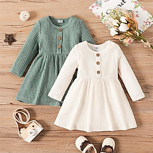 PATPAT Baby Girls Dress Infant Crewneck Solid Rib Knit Skirt Dress Fall Dress Long-Sleeve Dress 9-12 Months