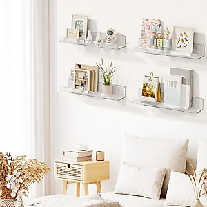 Fixwal Clear Acrylic Shelves, Set of 4, 15 Inch Floating Wall Mounted Shelves, Stone Pattern, Display Case, Floating Bookshelf, Wall Decor for Bathroom Storage