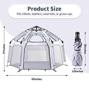RUNBOW Baby Playpen - Indoor & Outdoor Playpen with Canopy, Portable Playpen for Babies and Toddlers-Baby Beach Tent,Foldable Travel Bag-Pop Up Pack and Play Yard(Grey)