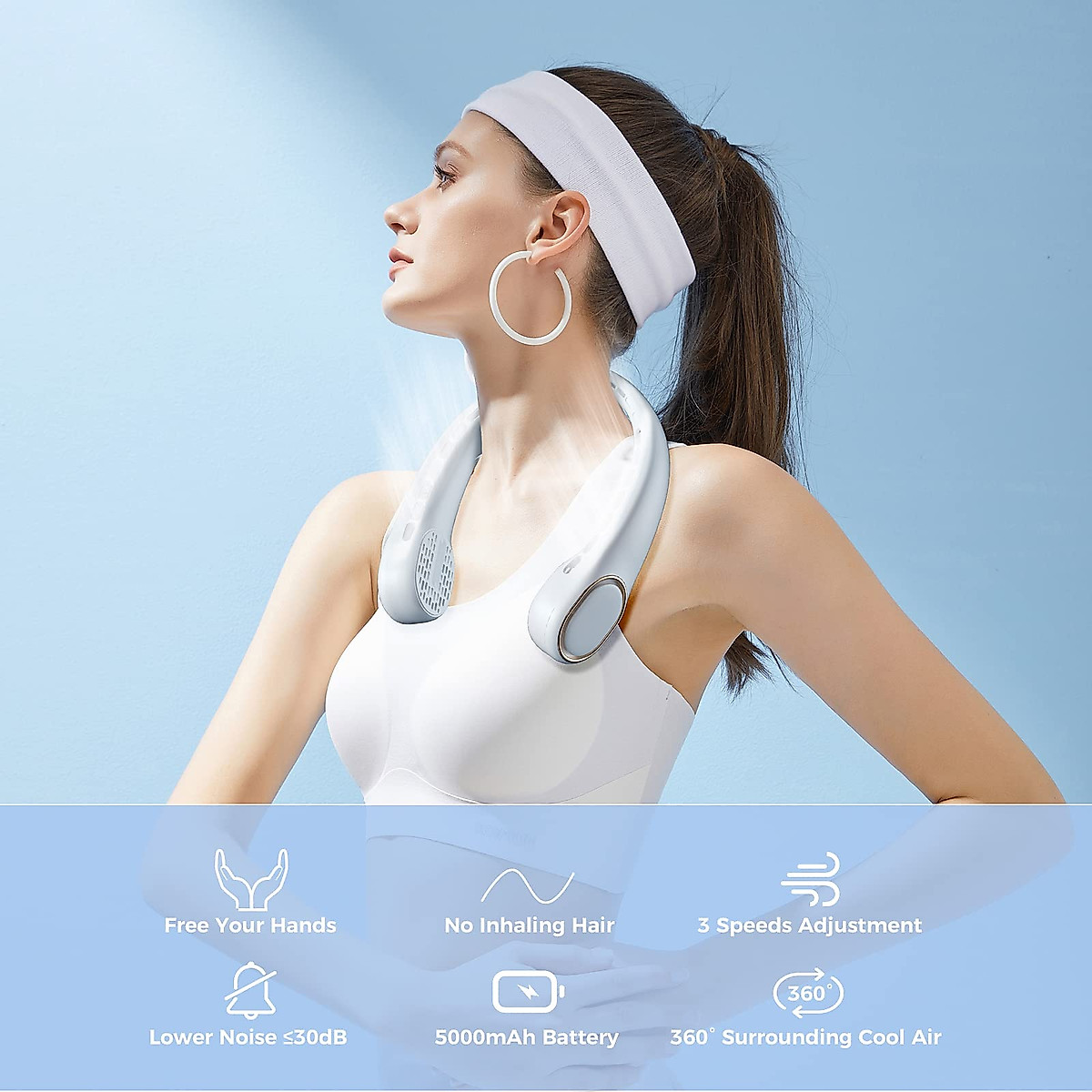 MFEESYOB Portable Neck Fan, 5000mAh Battery Operated Wearable Personal Fan with USB Rechargeable, 3 Adjustable Speeds, 360° Cooling，Super Quiet, Suitable for Outdoor Sports, Travel, Office