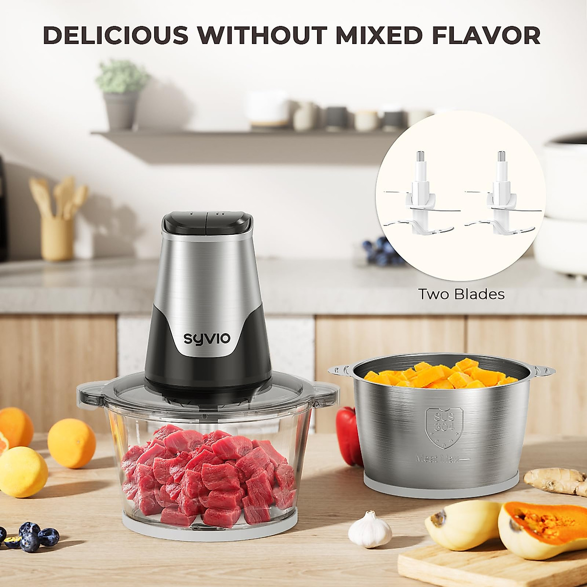 Syvio Food Processors with 2 Bowls, Meat Grinder 4 Bi-Level Blades, Mini Electric Food Chopper 400W, for Baby Food, Meat, Onion, Vegetables, 2 Speed, 8 Cup and 5 Cup