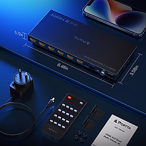 4K HDMI Multiviewer Switch 4x2 with PIP, PORTTA Quad Multi Viewer Seamless Switcher 4 in 2 Out with Toslink, 3.5mm Audio Output Support 4K 30Hz, 6 Viewing Modes, Downscaler for PS4/PC/DVD