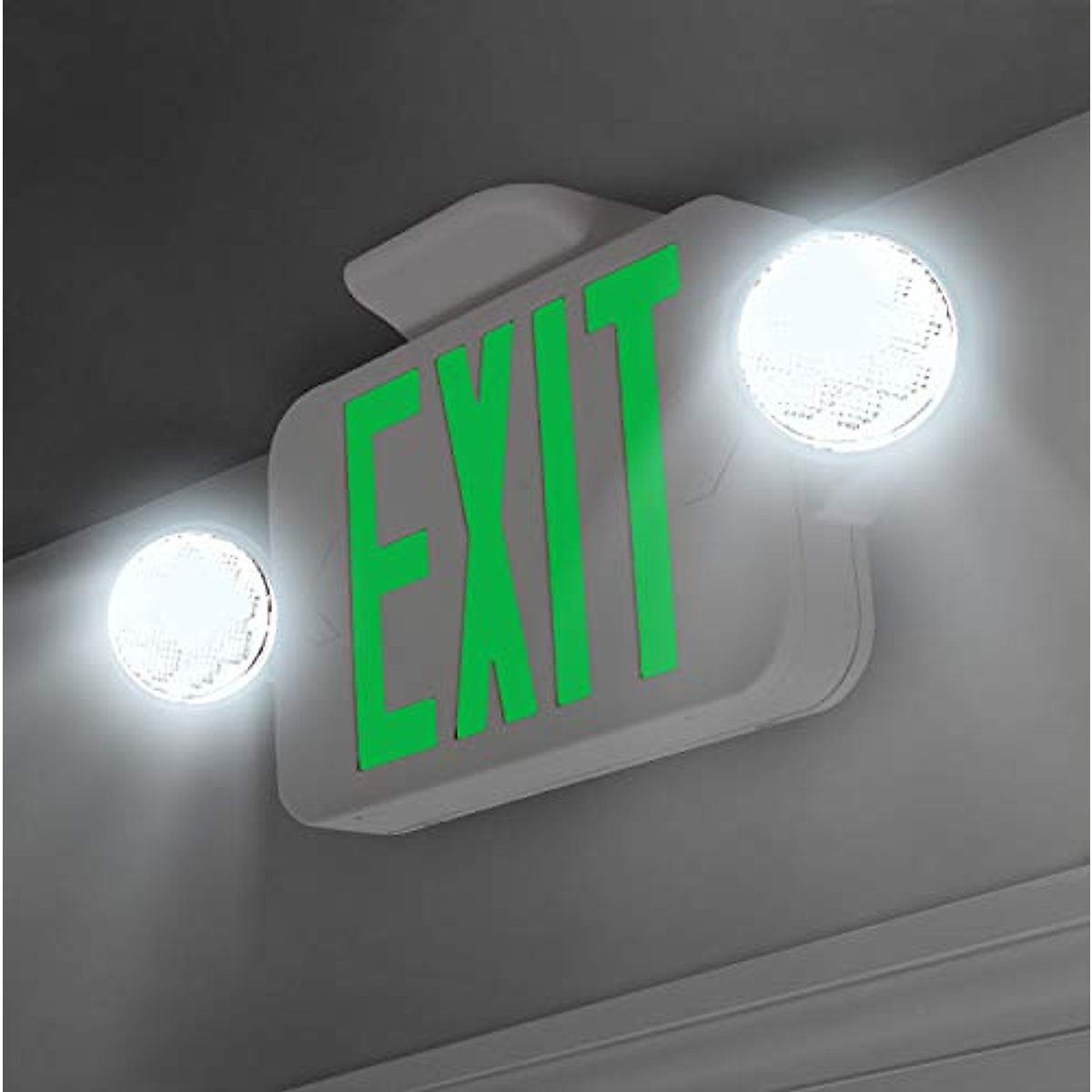 LFI Lights | Combo Green Exit Sign with Emergency Lights | White Housing | All LED | Two Adjustable Round Heads | Hardwired with Battery Backup | UL Listed | (2 Pack) | COMBOJR2-G