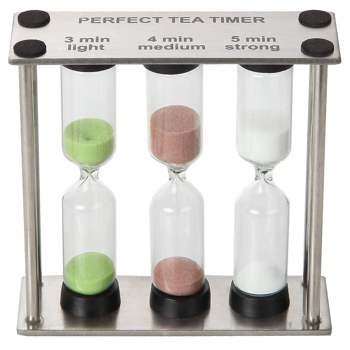 Lily's Home 3-in-1 Perfect Tea Timer, Includes 3, 4, and 5 Minute Sand Hourglass Timers, Use for Making Tea or Keeping Time Around The Kitchen, Brushed Stainless Steel Frame (3.75" Tall)