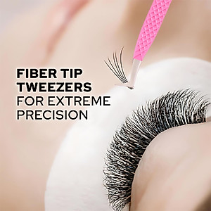 M LASH Tweezers for Eyelash Extensions (Set of 4) - Professional Lash Extension Tweezers - Fiber Tip, Japanese Steel, Diamond Grip Eyelash Extension Tweezer (Pink)