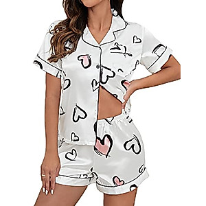 GORGLITTER Women's Silk Satin Pajamas Set Heart Print Loungewear Button Down Pj Shorts Sets White Medium