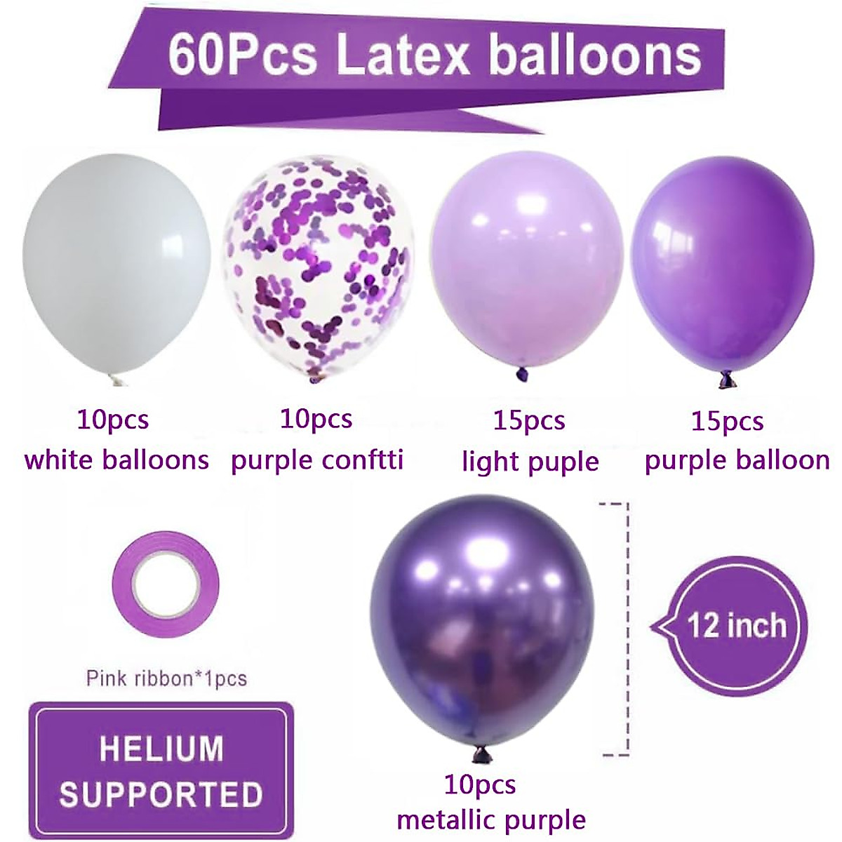 DUILE 60Pcs Metallic Purple and White Latex Lavender Lilac Balloons 12inch Purple Confetti Balloons for Birthday Bridal Shower Wedding Party Decorations