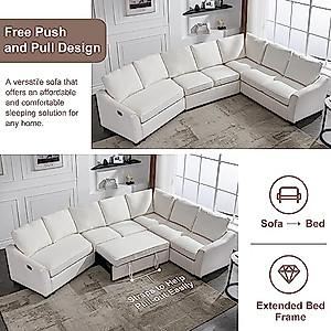 ERYE 129.5" L-Shaped Sofa W/Pull USB Charging Port, Modern Functional Corner Sectional Convertible Sleeper & Couch Bed for Home Apartment Living Room, Beige