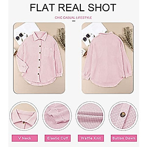 Dokotoo Women's Long Sleeve V Neck Waffle Knit Shacket - Comfy Winter Button Down Jacket - Pink XXL
