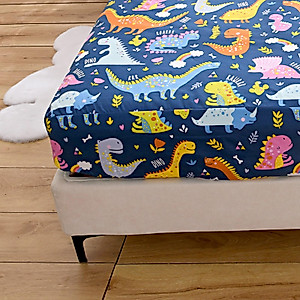 NATURETY Soft Bedding Fitted Sheet with Deep Pocket,Thicken Fabric Dino Printed Bed Sheets for Teens (Navy Blue(Dinosaur), Twin)