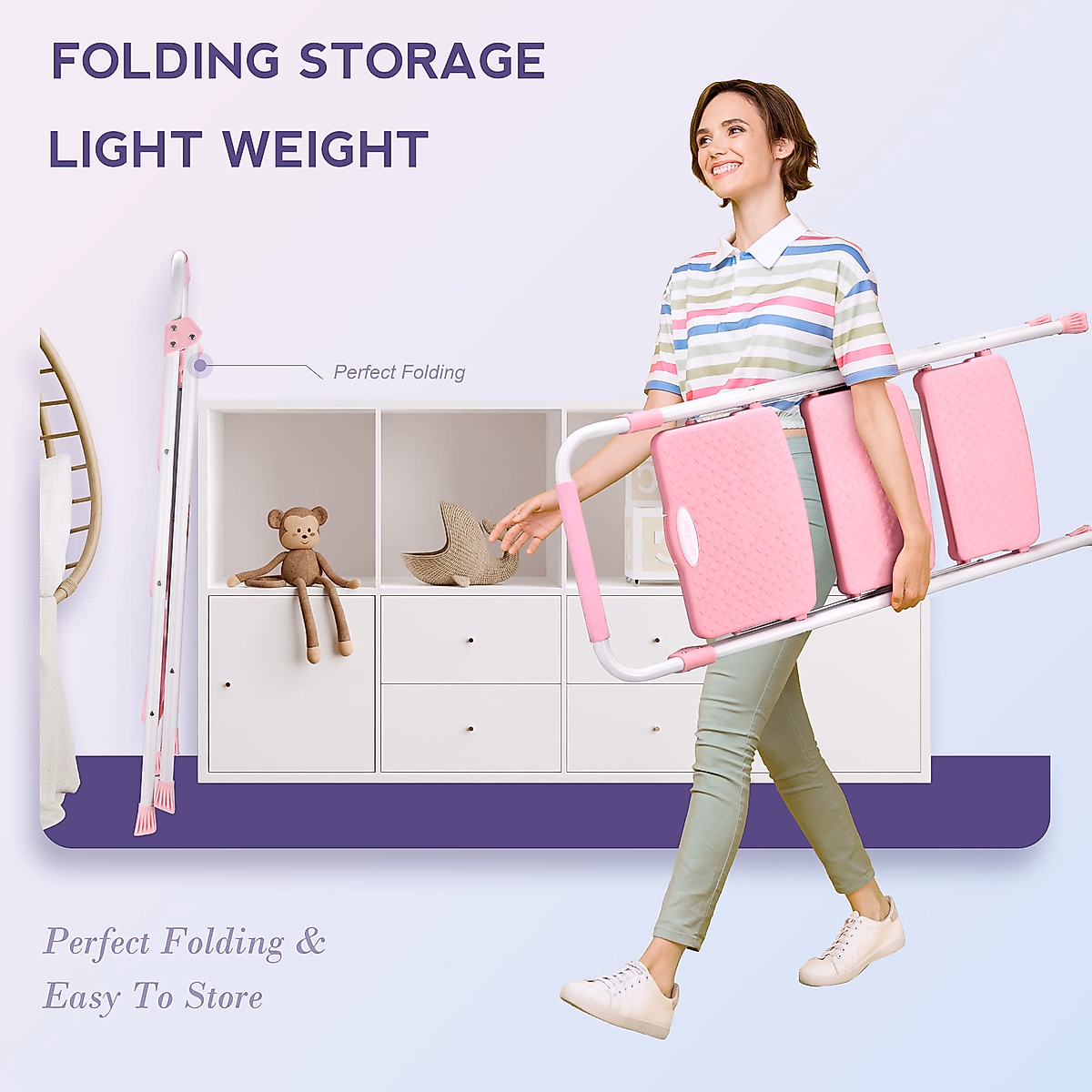 SocTone 3 Step Ladder, Folding Step Stool with Handle, Wide Anti-Slip Pedal, Lightweight, Multi-Use for Household and Office, 500lbs Capacity Sturdy Steel Ladder, PINK