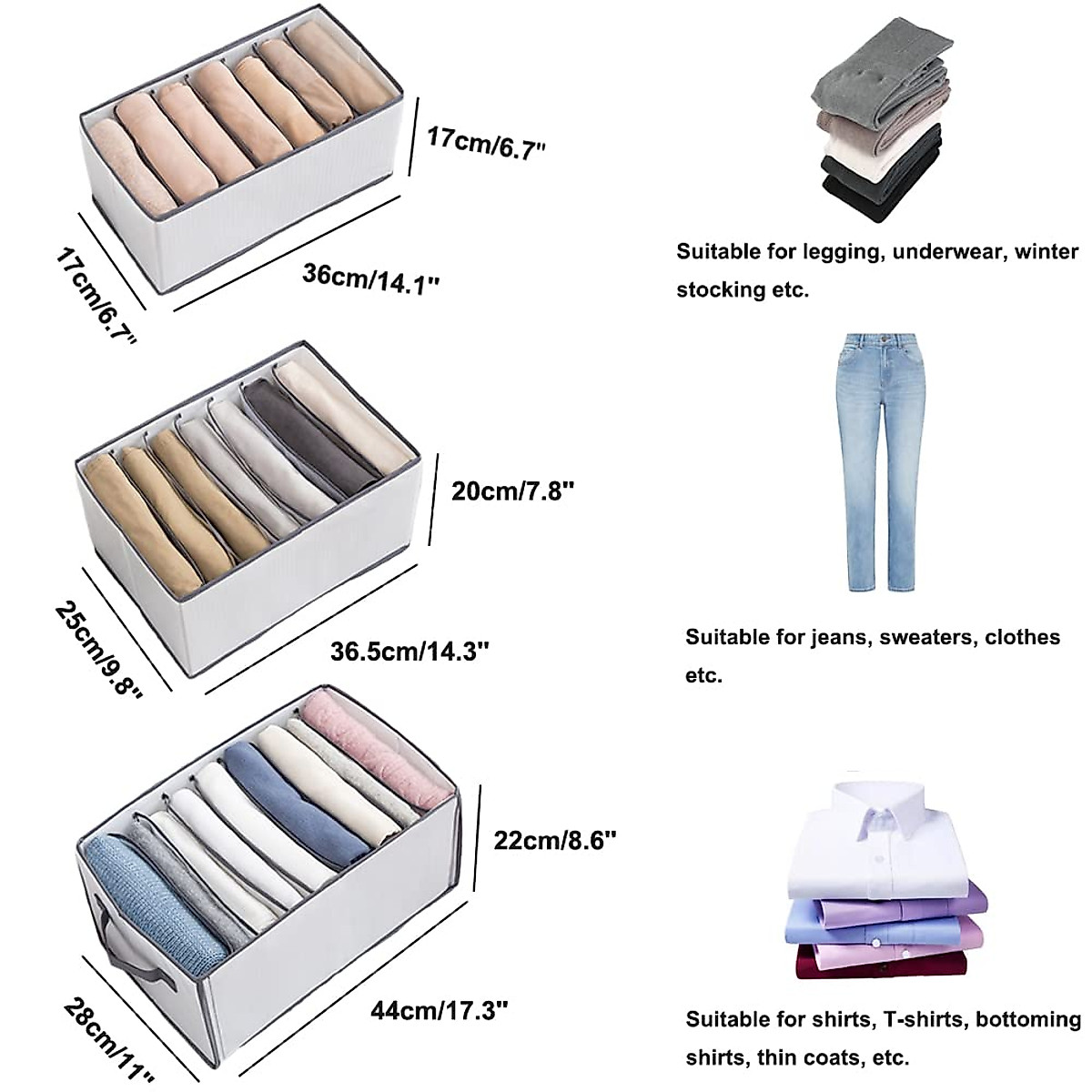 3 Set Cloth Drawer Organizer PVC Nylon Fabric Foldable Wardrobe Clothes Organizer Closet Compartment Dividers Clothes Collapsible Organization for T-shirt Jeans Pants (Gray)