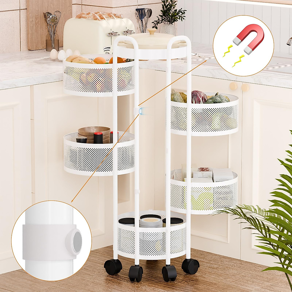HEVIRGO Rotating Storage Shelves Rack,5 Tier Fruit & Vegetable Basket Stand,Kitchen Vegetable Storage Organizer,Fruit Basket Floor Stand Shelf Fruit Tower for Kitchen Bathroom Laundry Black