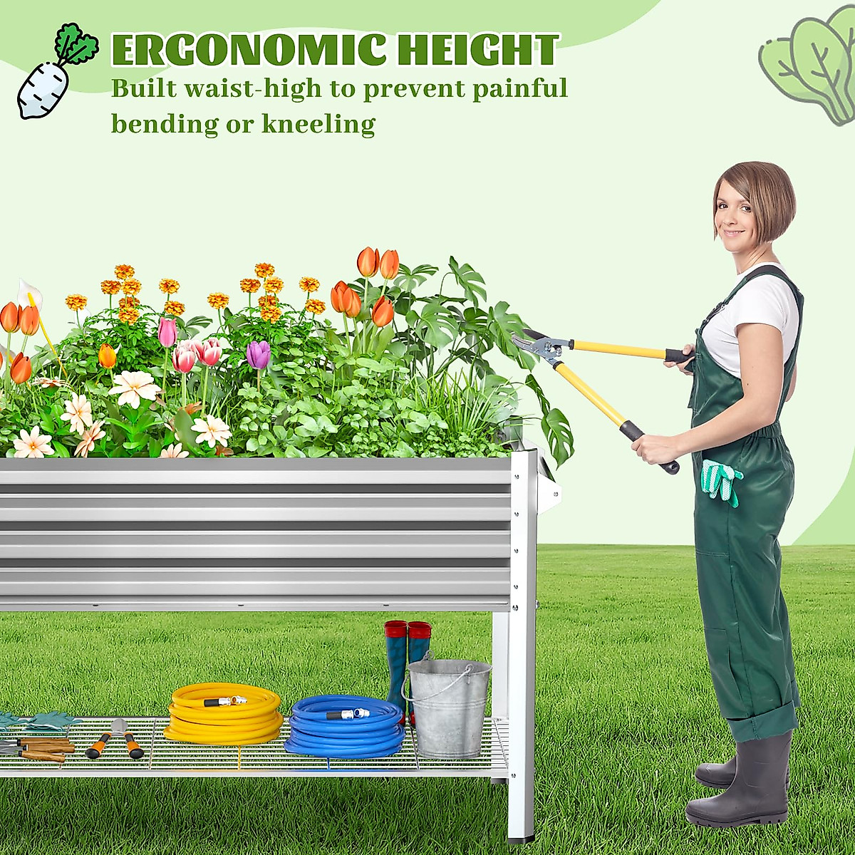 Pikorce Raised Garden Bed with Legs, 48x24x32in Outdoor Elevated Galvanized Metal Large Planter Box Stand with Drainage Holes for Backyard, Patio, Balcony, 400lb Capacity, Silver