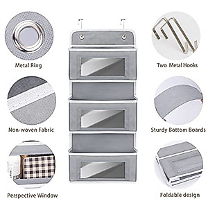 BiSiViO Door Hanging Organizer Nursery Closet Cabinet Baby Storage with 4 Large Pockets, Wall Mount Storage with Clear Window and 2 Widened Metal Hooksfor Cosmetics, Toys and Sundries (Grey)