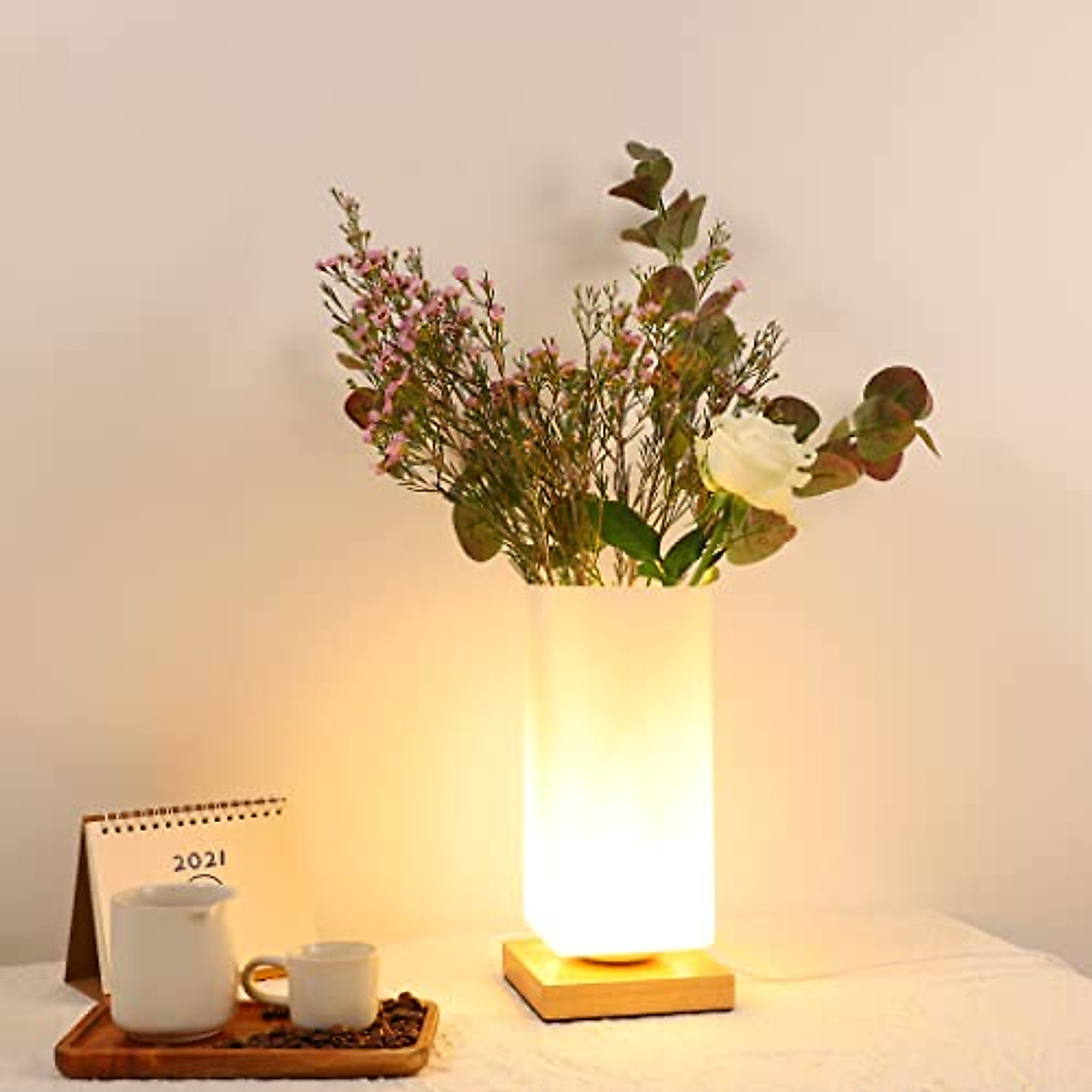 Floresita Vase Lamp Table Lamp USB Charge Flower Lamp Vase Table Lamp Dimmable Bedside Lamp Frosted Glass Shade with Wood Base for Bedroom Living Room Office Desk
